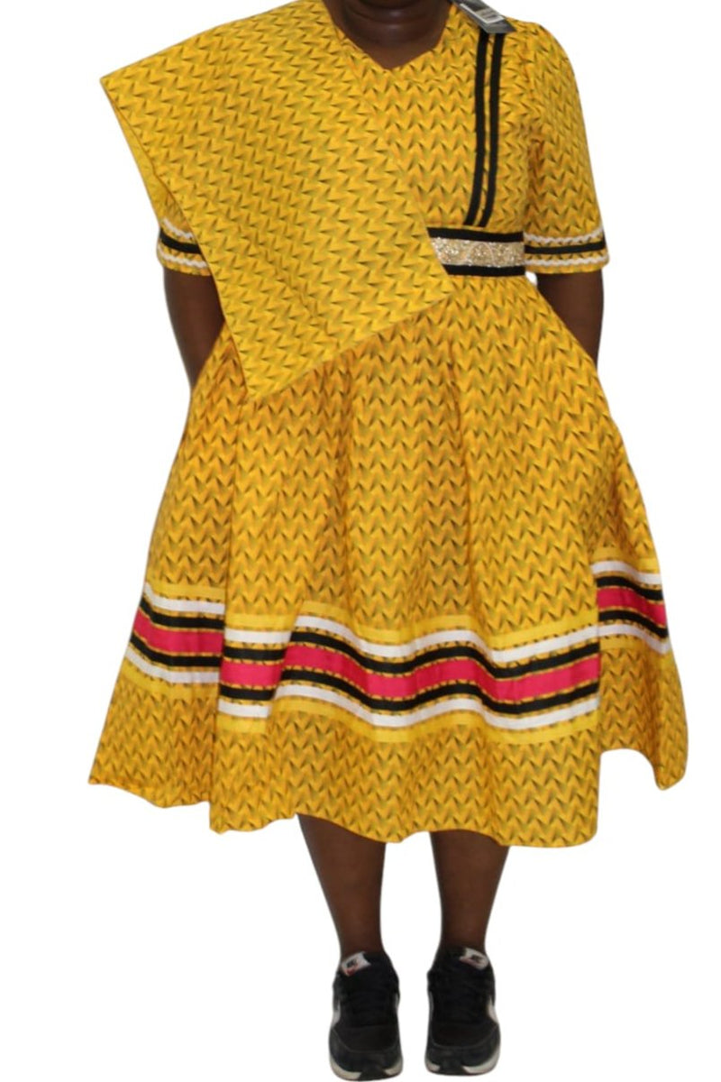 Ladies 3Pc Traditional Dress With Doek & Belt-Yellow – ZE Africa
