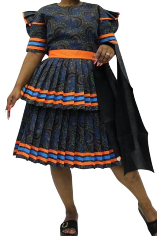 Ladies 2Pc Traditional Pleated Dress With Doek-Blue And Orange – ZE Africa