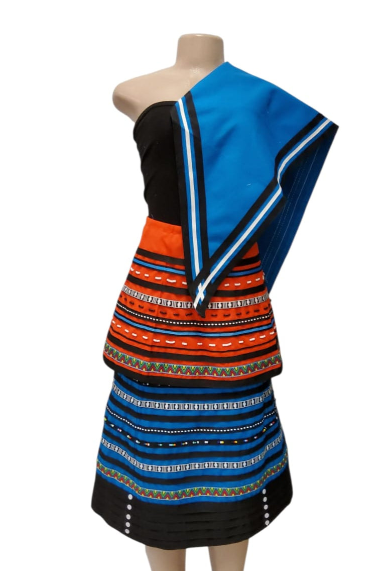 Ladies 3pc Traditional Attire With Wrap Skirt, doek & Peplum-Blue/Oran ...