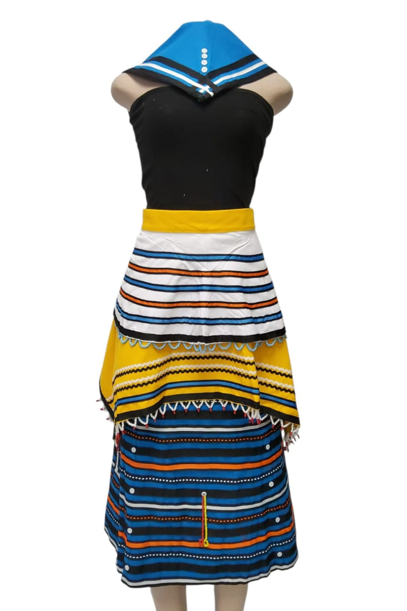 Ladies Traditional 3pc Wrap Skirt ,Peplum And Doek - Blue / Yellow / W ...