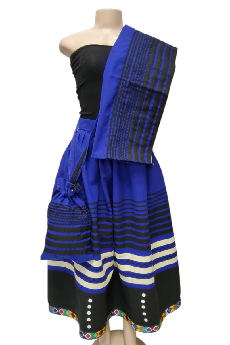 Ladies Traditional 3pc Skirt ,Doek And Bag- Blue /Black – ZE Africa