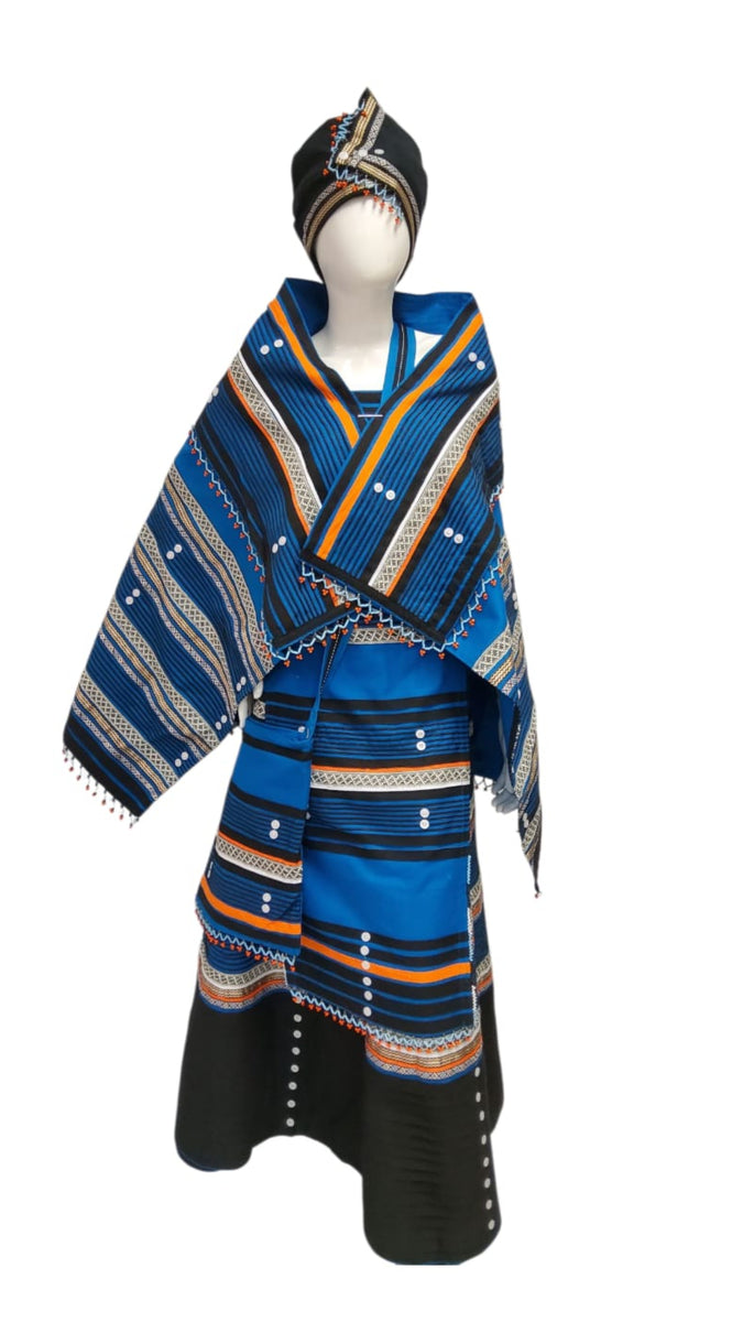 Ladies 5pc Umbhaco With Skirt, Incebetha, Ibhayi, Doek and Bag~Blue an ...